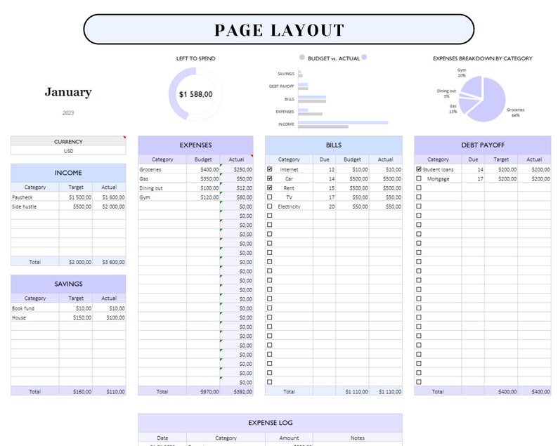 Blue Monthly Budget Spreadsheet Excel Template, Undated Paycheck Budget ...
