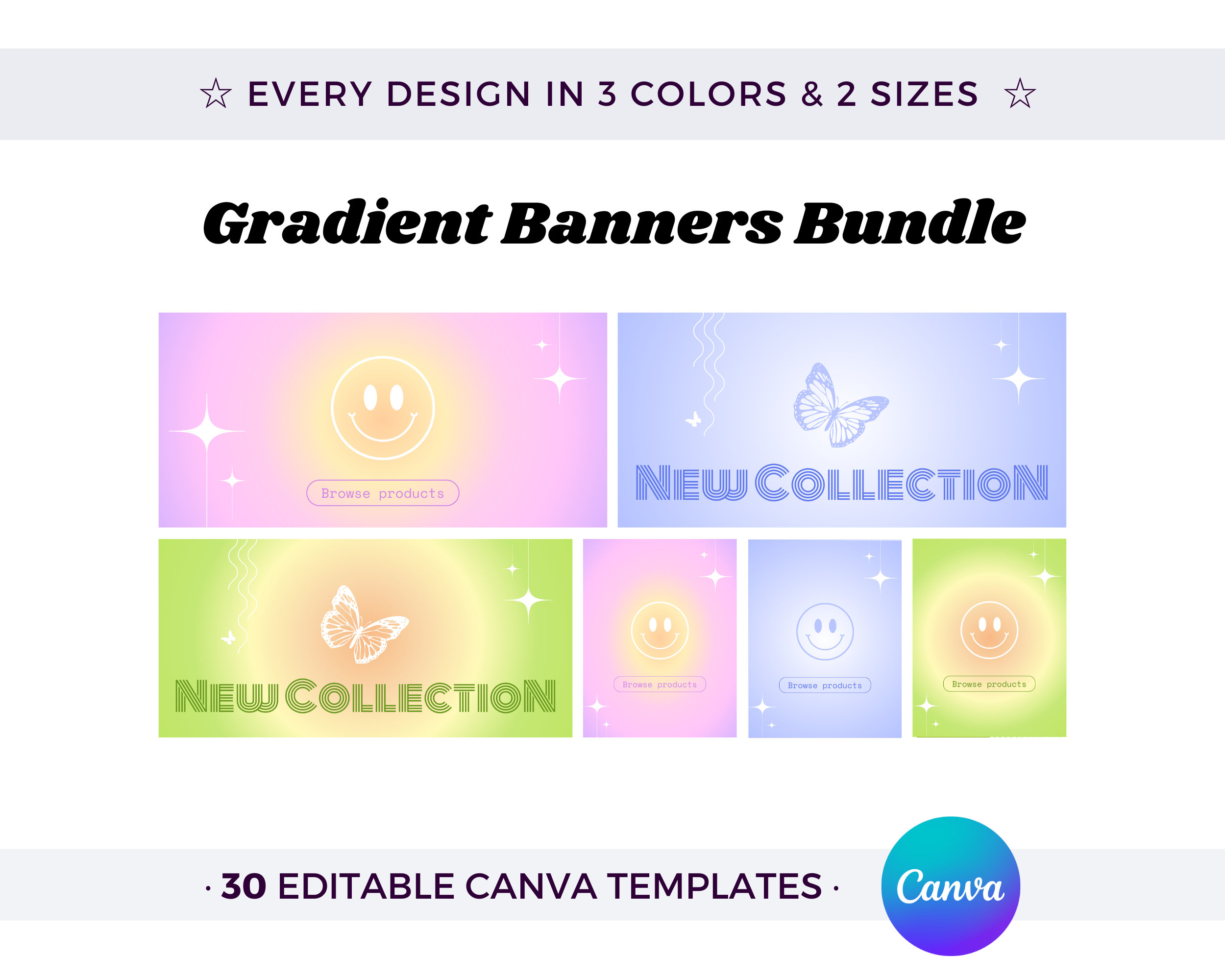 Retro Website Banner Templates for Canva, Pink Blue Gradient Banner ...