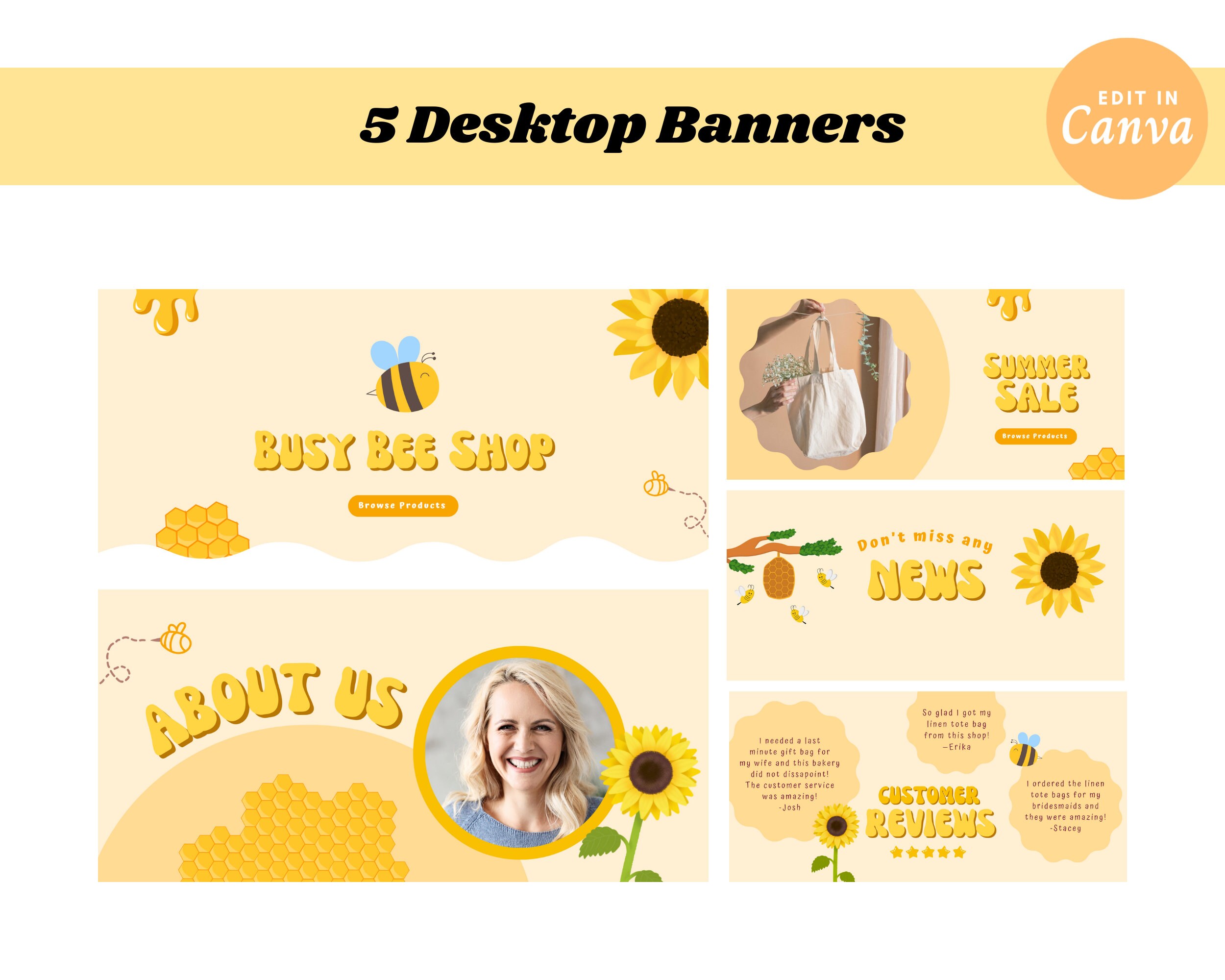 Honey Bee Website Branding Bundle, Pastel Digital Banner Design, Cute ...