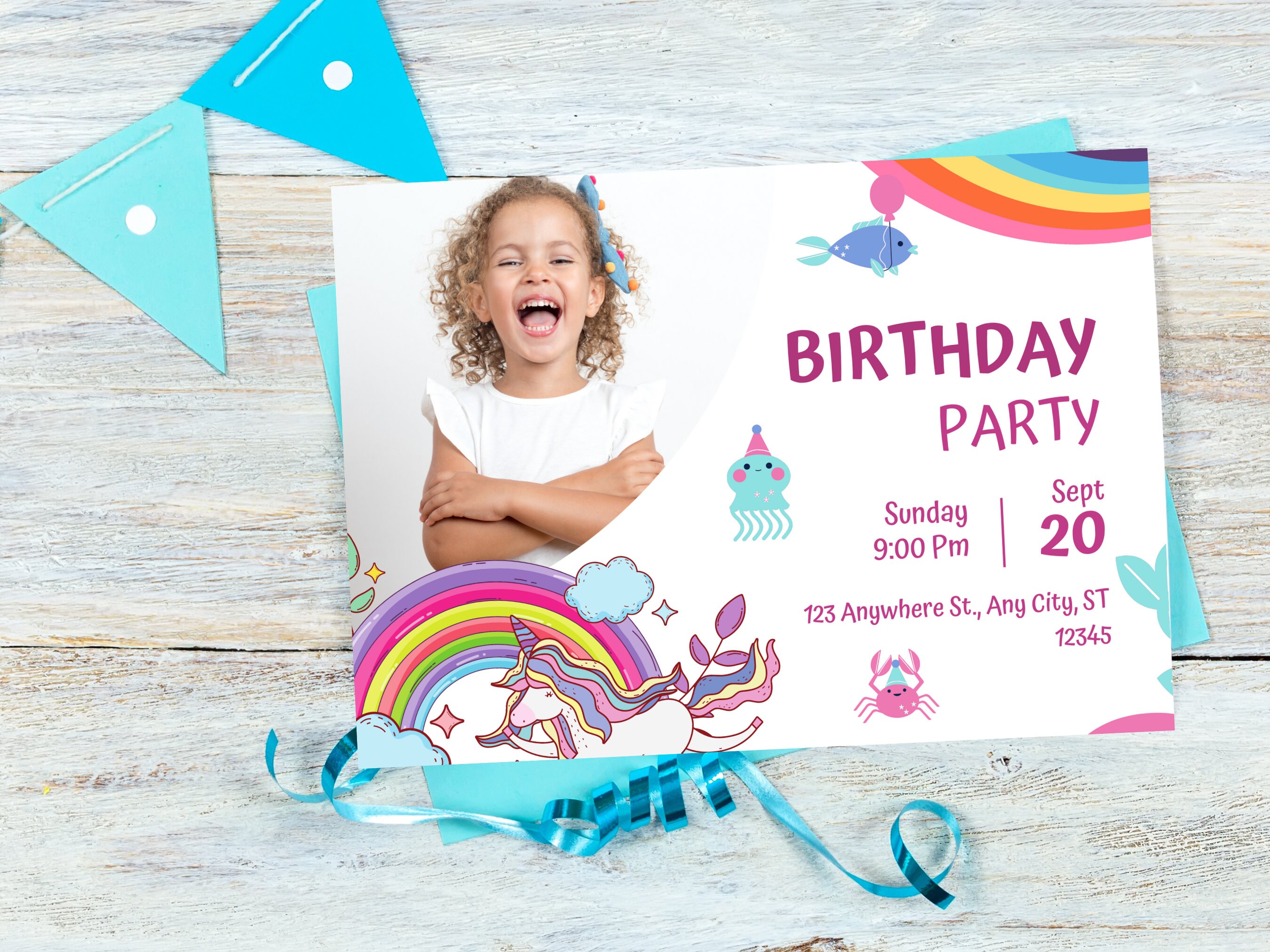 Printable Unicorn Birthday Card, Unicorn Rainbow Design Card, Kid ...