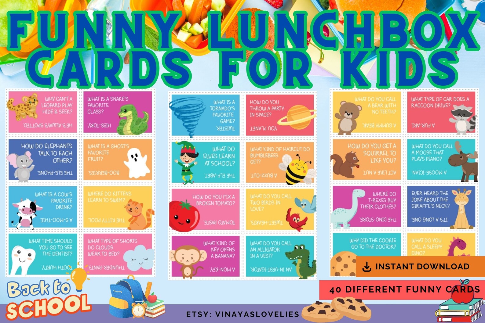40 Funny Lunchbox Cards for Kids, School Lunches, Laughter, Cute ...