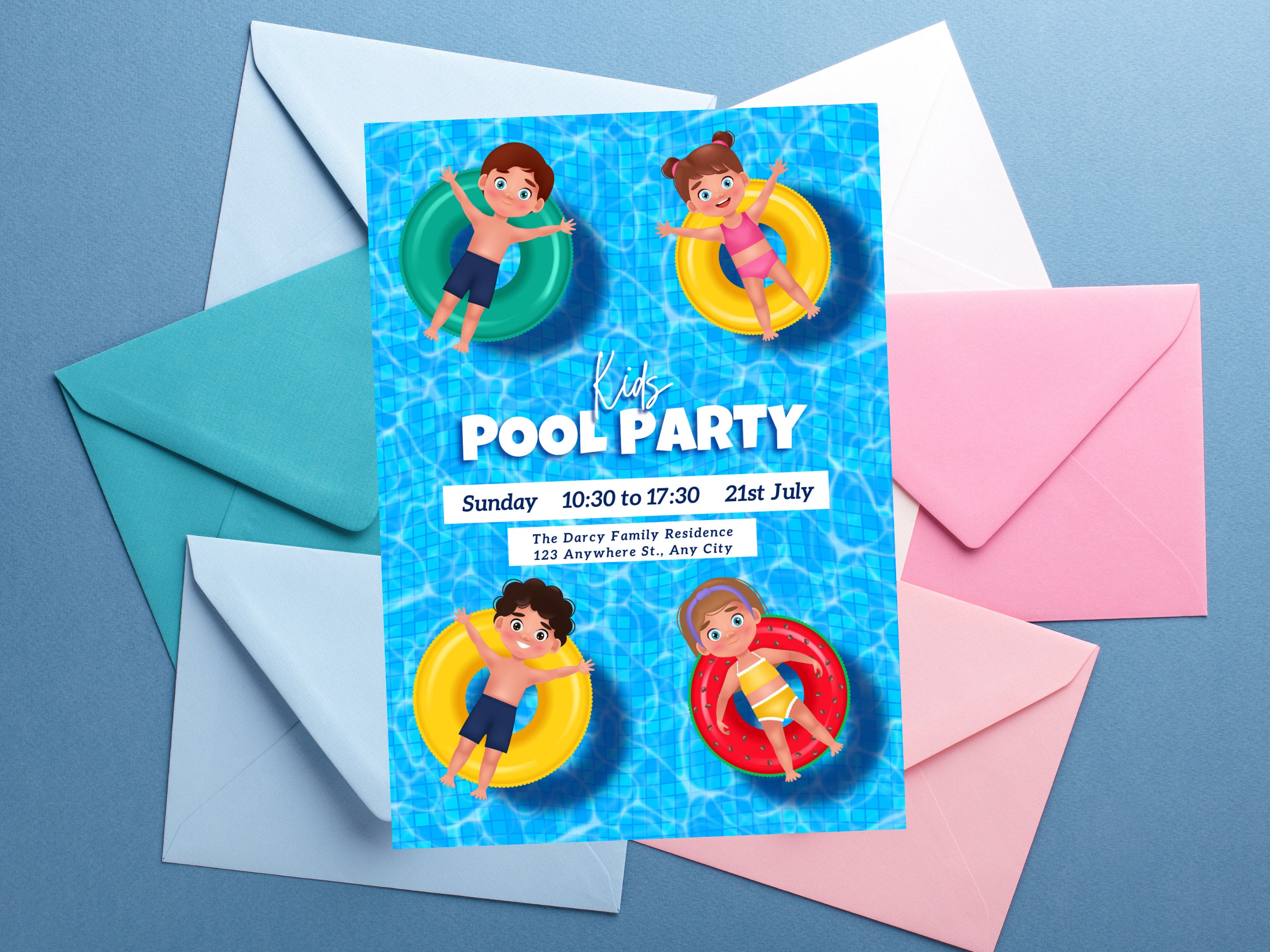 Kids Pool Party Invitation Card, Canva Editable Pool Party Invitation ...
