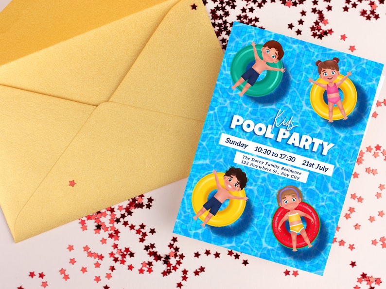 Kids Pool Party Invitation Card, Canva Editable Pool Party Invitation ...