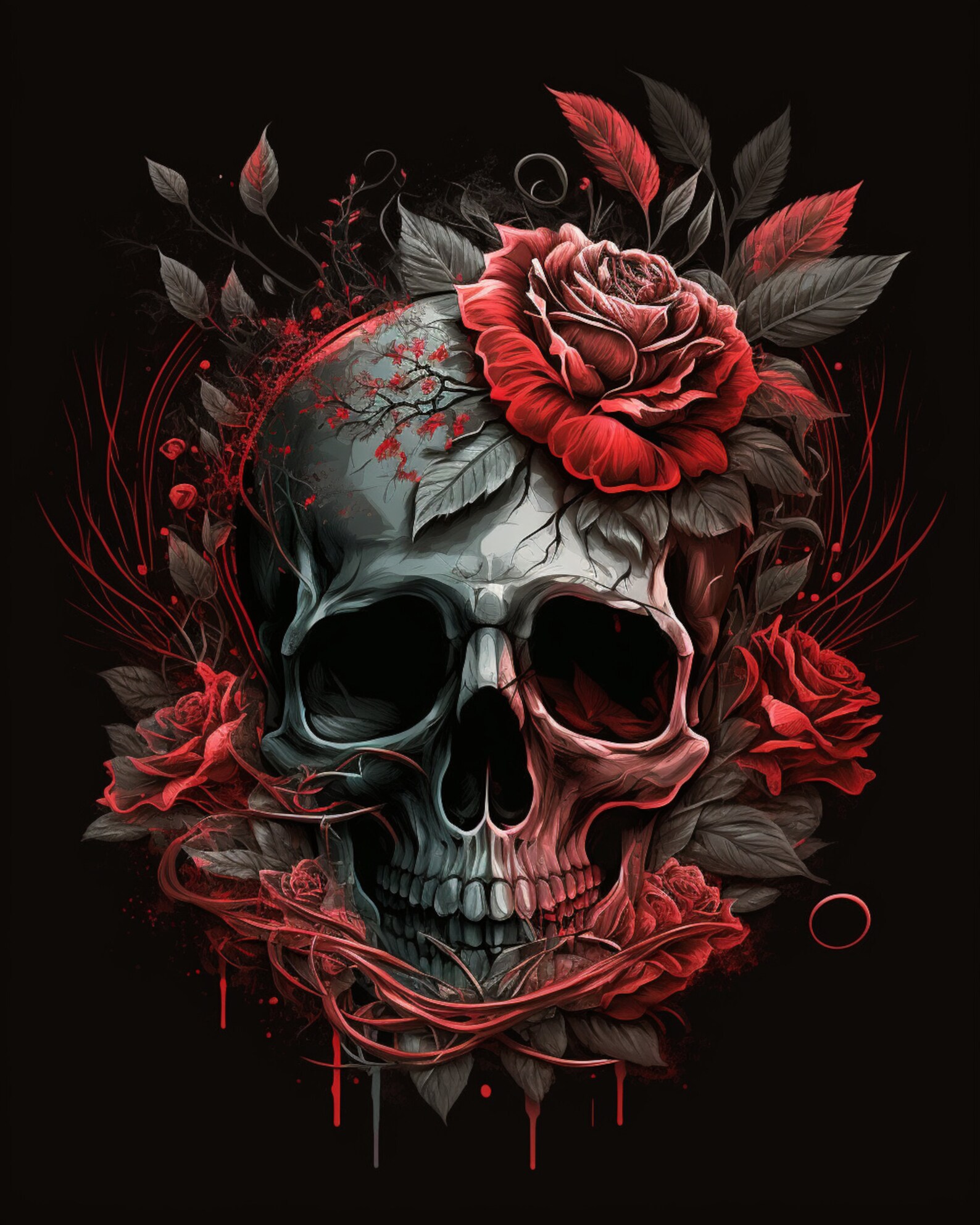 Roses & Bones: A Hauntingly Beautiful Digital Print of a Skeleton Head ...
