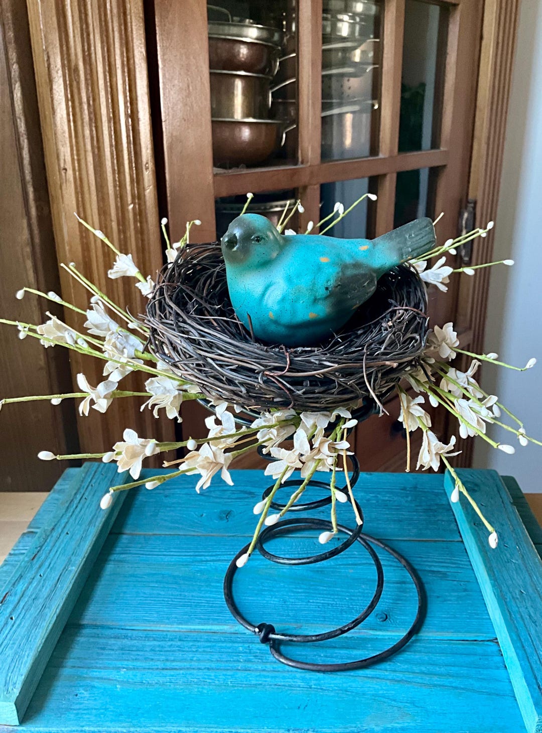 Blue Bird at Rest in Bed Spring Nest With Neutral Florals - Etsy