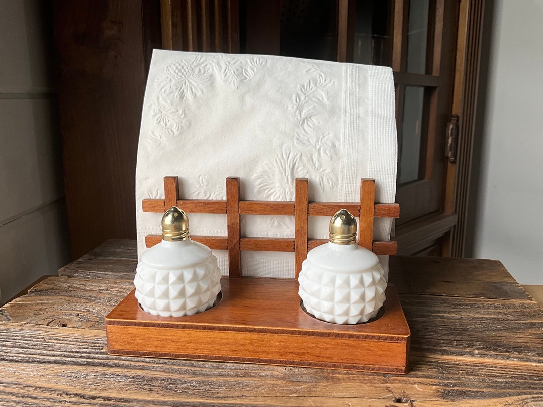 Vintage Hobnail Diamond Point Milk Glass Salt and Pepper Shakers, Wood ...