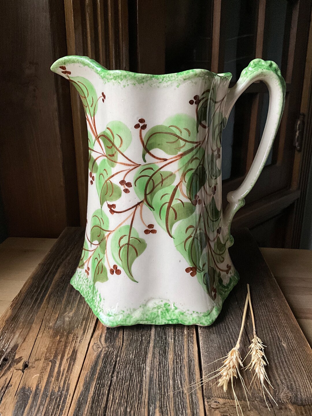 Cash Family Pottery, Hand Painted Pitcher, Green and Brown Ivy - Etsy