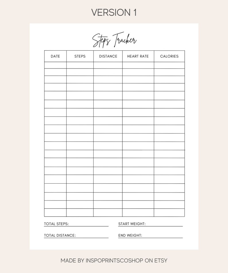 Printable Step Tracker Daily Step Record Exercise Log - Etsy