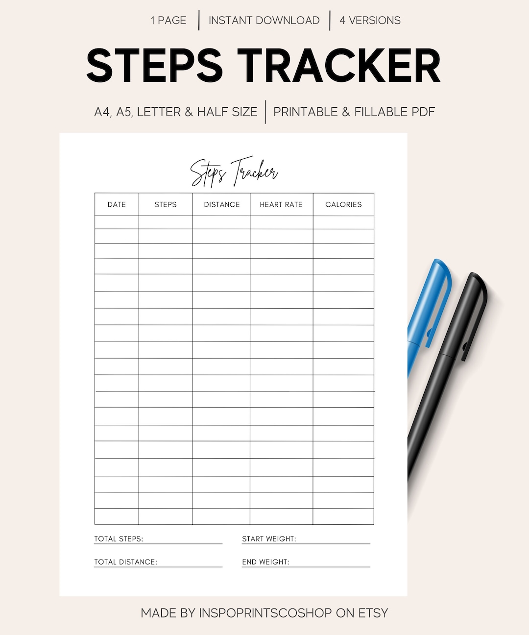 Printable Step Tracker Daily Step Record Exercise Log - Etsy