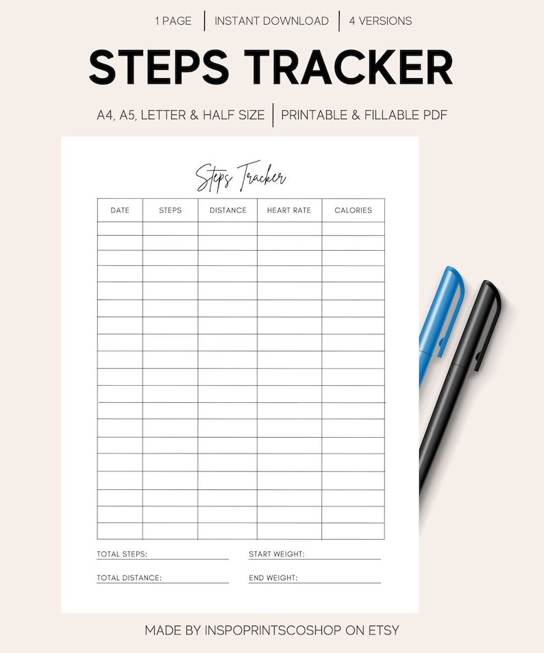 Printable Step Tracker Daily Step Record Exercise Log - Etsy