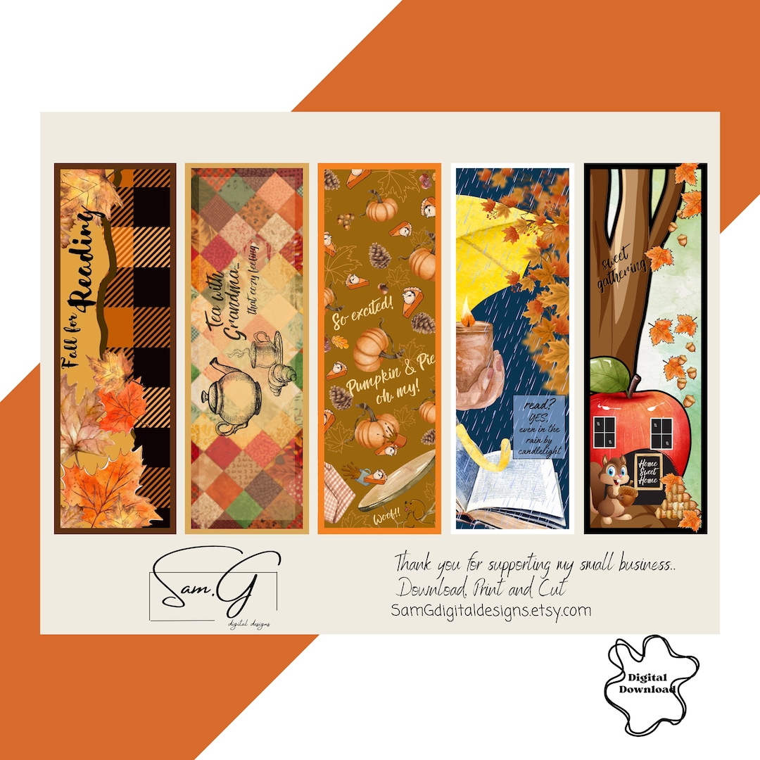 Printable Bookmarks, Fall Digital Art Bookmark Set of 5, Digital ...