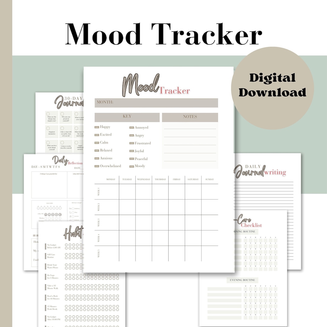 Mood Tracker Self Care Journal, Habit Tracker, Self Care Checklist ...