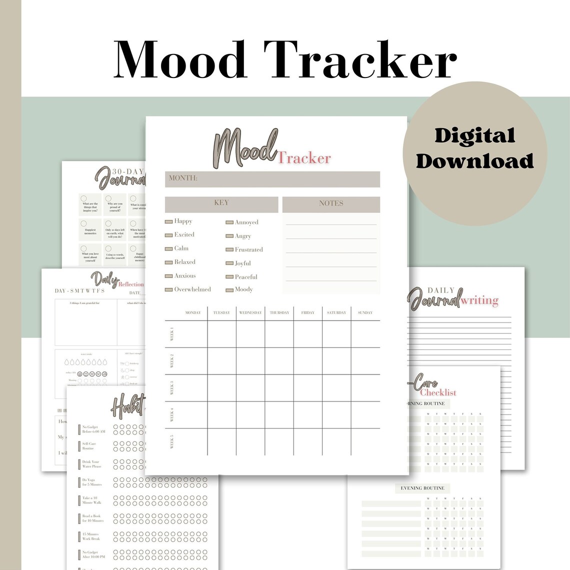 Mood Tracker Self Care Journal, Habit Tracker, Self Care Checklist ...