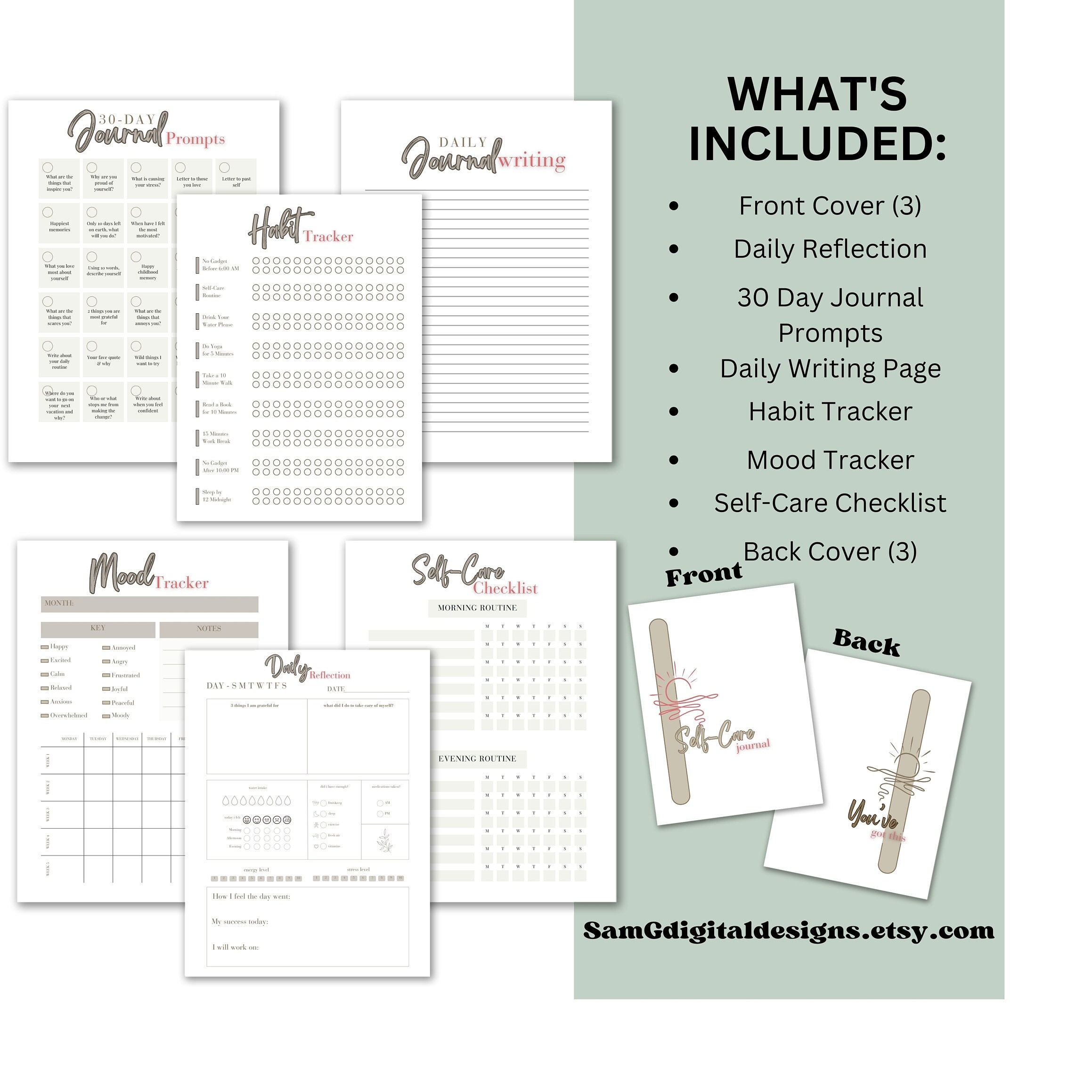 Mood Tracker Self Care Journal, Habit Tracker, Self Care Checklist ...