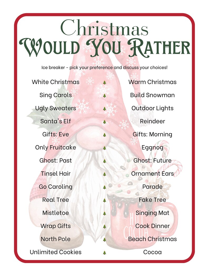 Christmas Printable, Game Would You Rather, Gnome Christmas Party Game ...