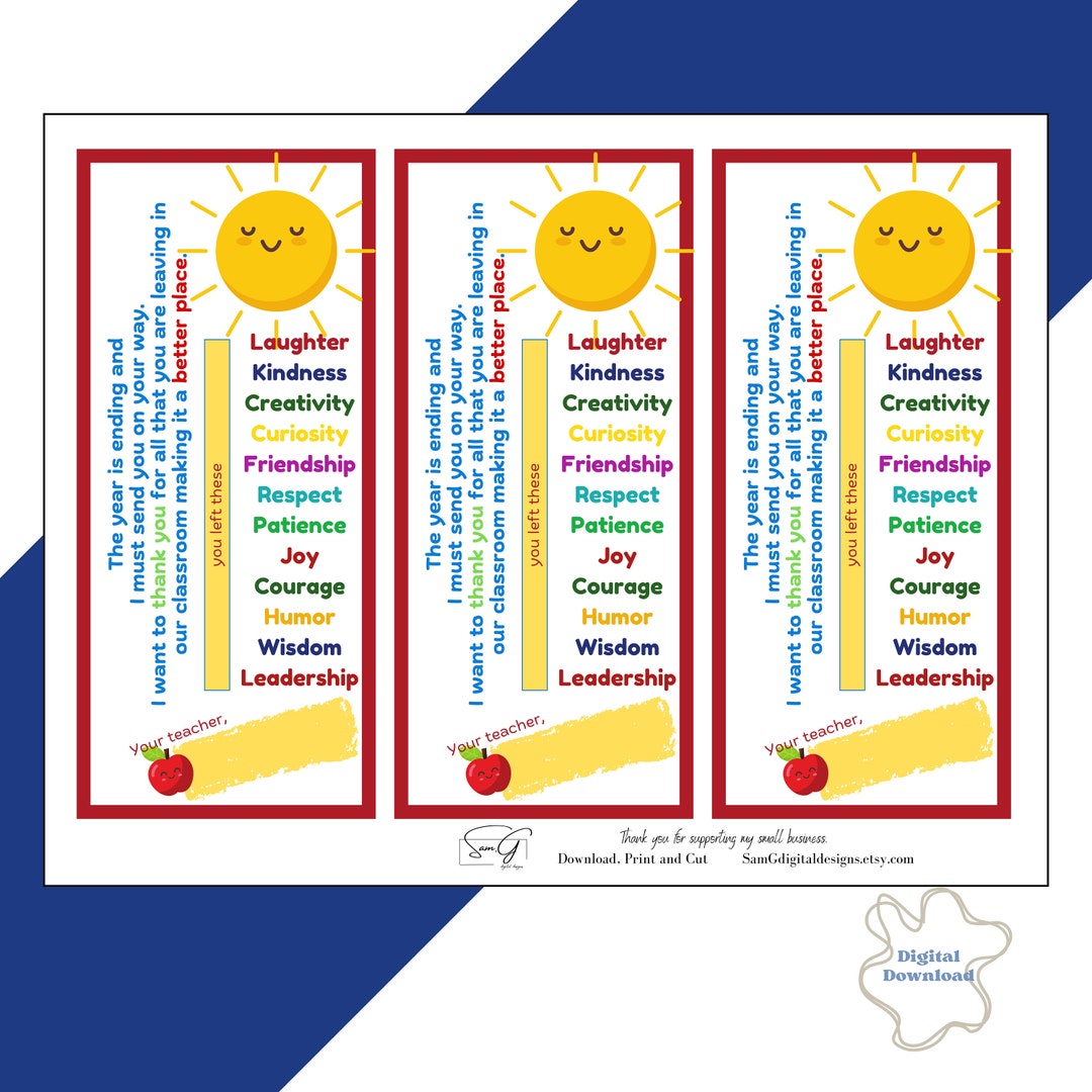 End of the Year Printable Bookmarks | From Teacher to Student | Note ...