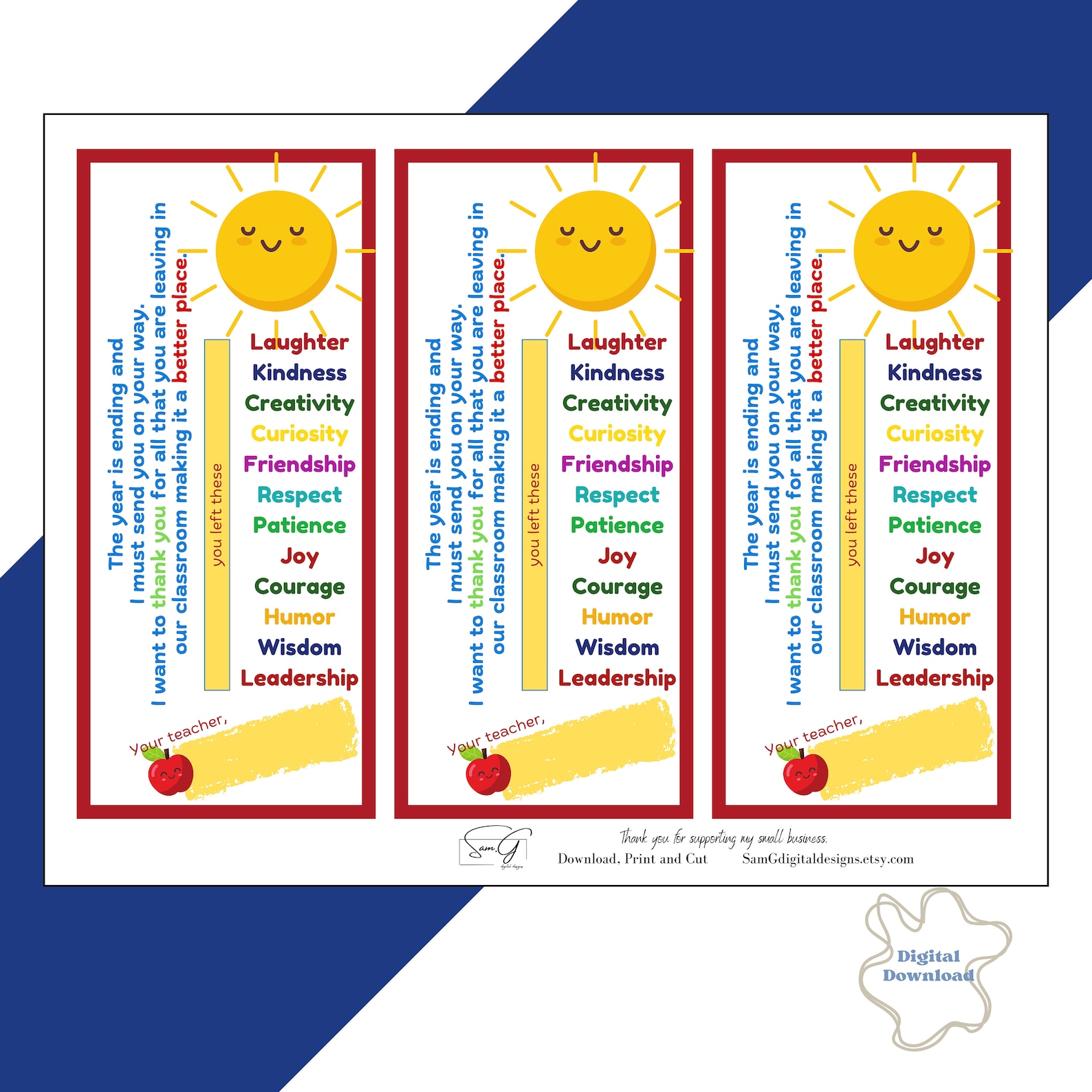 End of the Year Printable Bookmarks | From Teacher to Student | Note ...