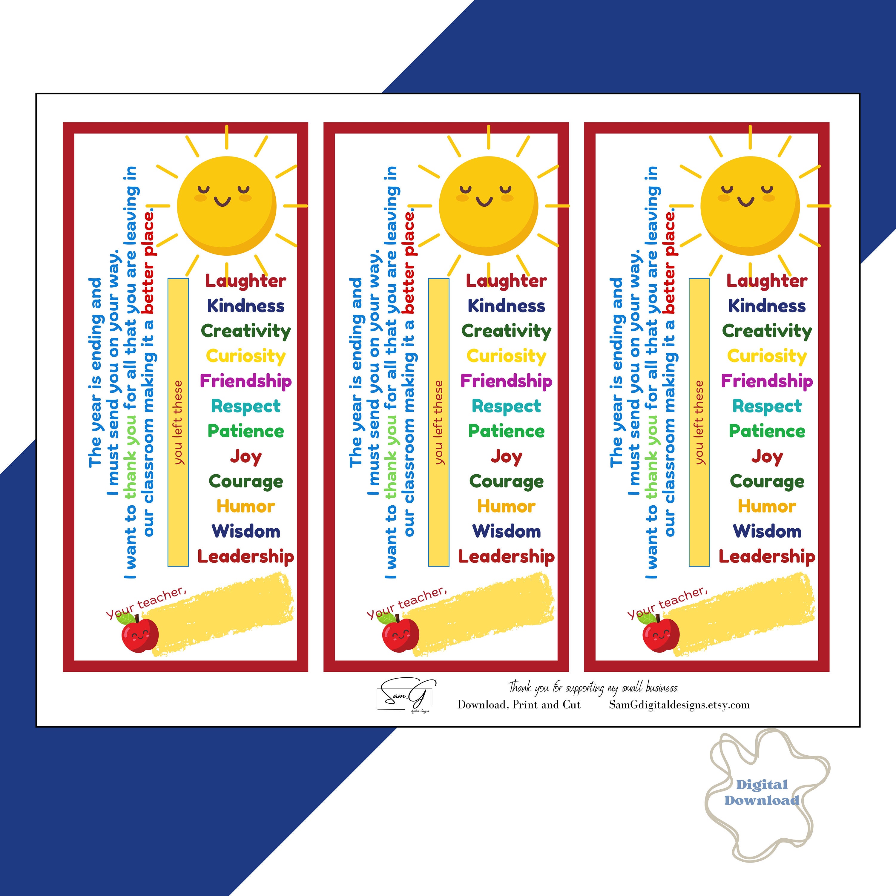 End of the Year Printable Bookmarks From Teacher to Student Note From ...