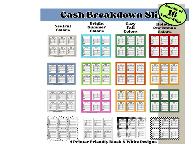 Cash Stuffing Teller Slip BUNDLE, Cash Breakdown Slip, Cash Envelopes ...