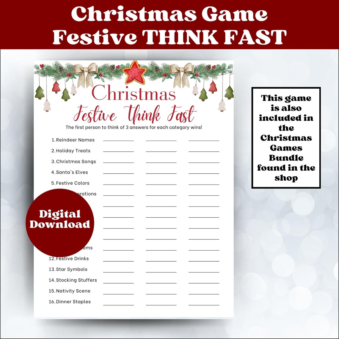 Christmas Party Game THINK FAST, Fun Family Activity, Friends Game ...