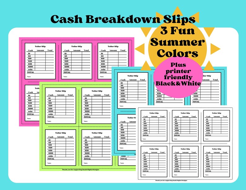 Cash Stuffing Teller Slip BUNDLE, Cash Breakdown Slip, Cash Envelopes ...