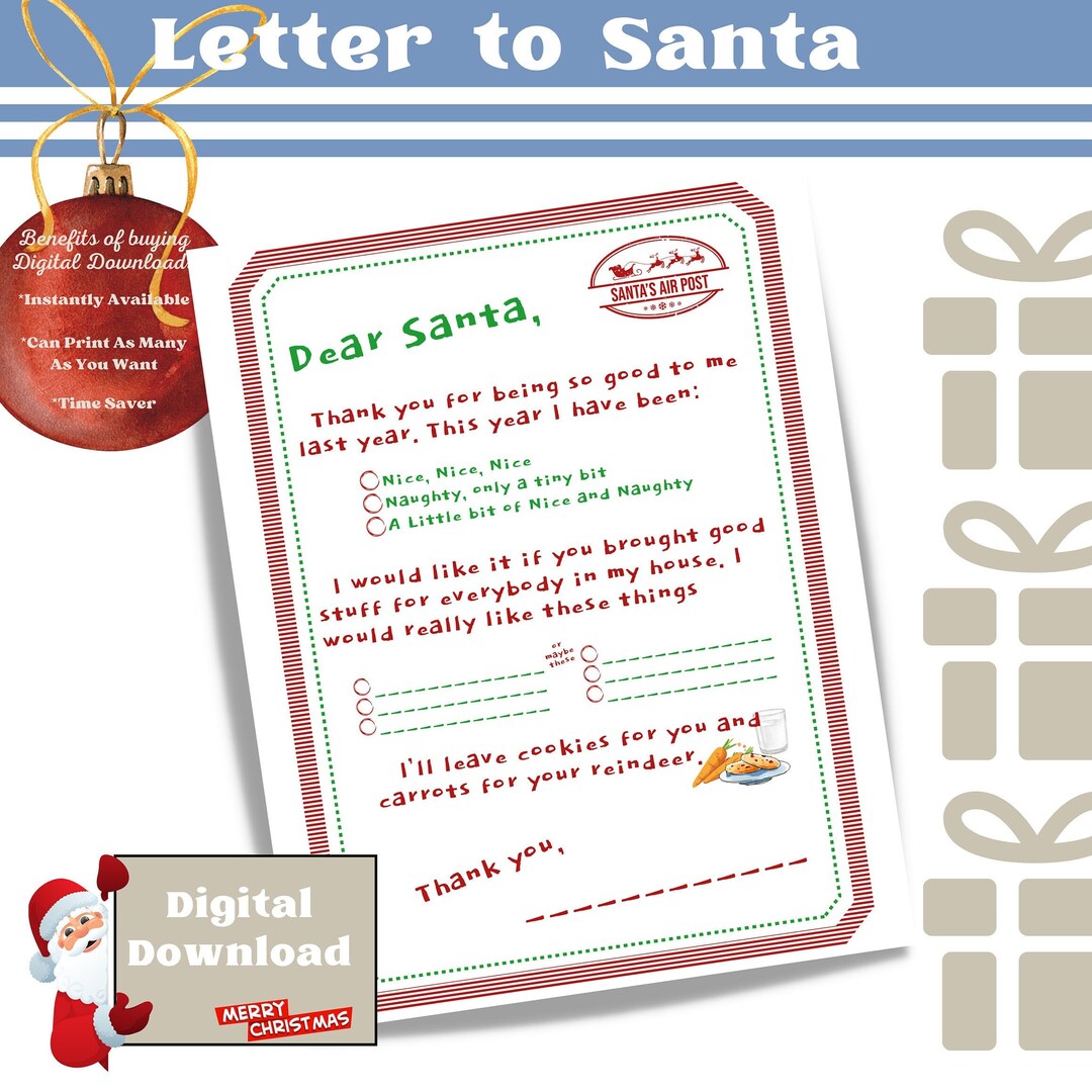 Printable Letter to SANTA, Dear Santa Digital Download, Christmas ...