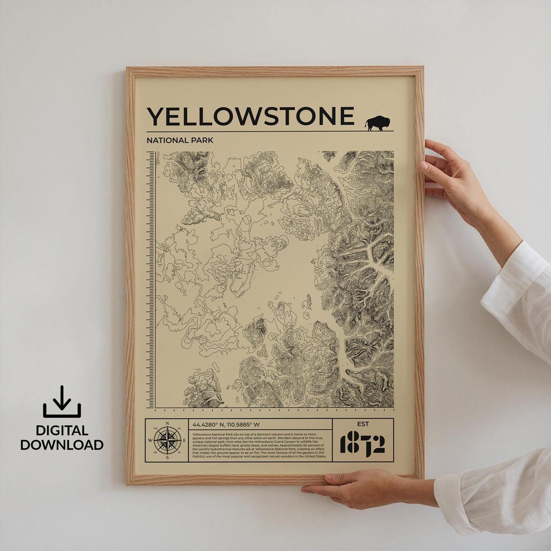 Digital Yellowstone Poster National Park Map, Contour Topography Print ...