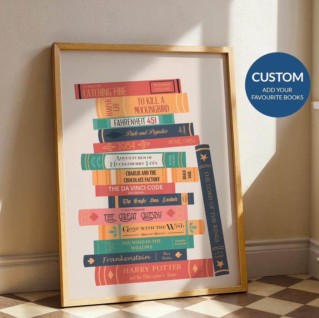 Custom Book Stack Poster, Personalized Spine Print, Literary Lover Gift ...