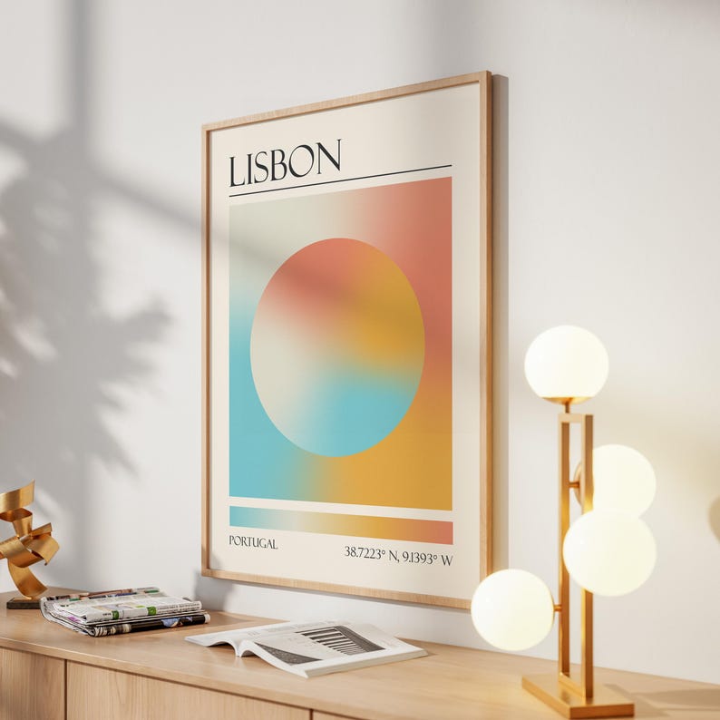 Digital Lisbon Aura Travel Poster, City Print Modern Gradient ...