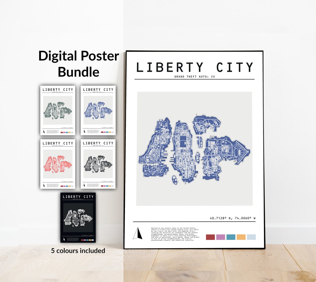 Digital GTA V Liberty City Map Poster, Grand Theft Auto Art Decor ...