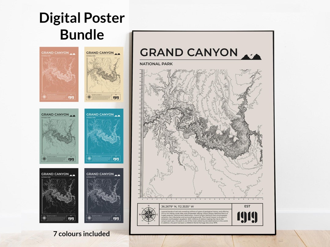 Grand Canyon National Park Map Poster, Contour Topography Print ...