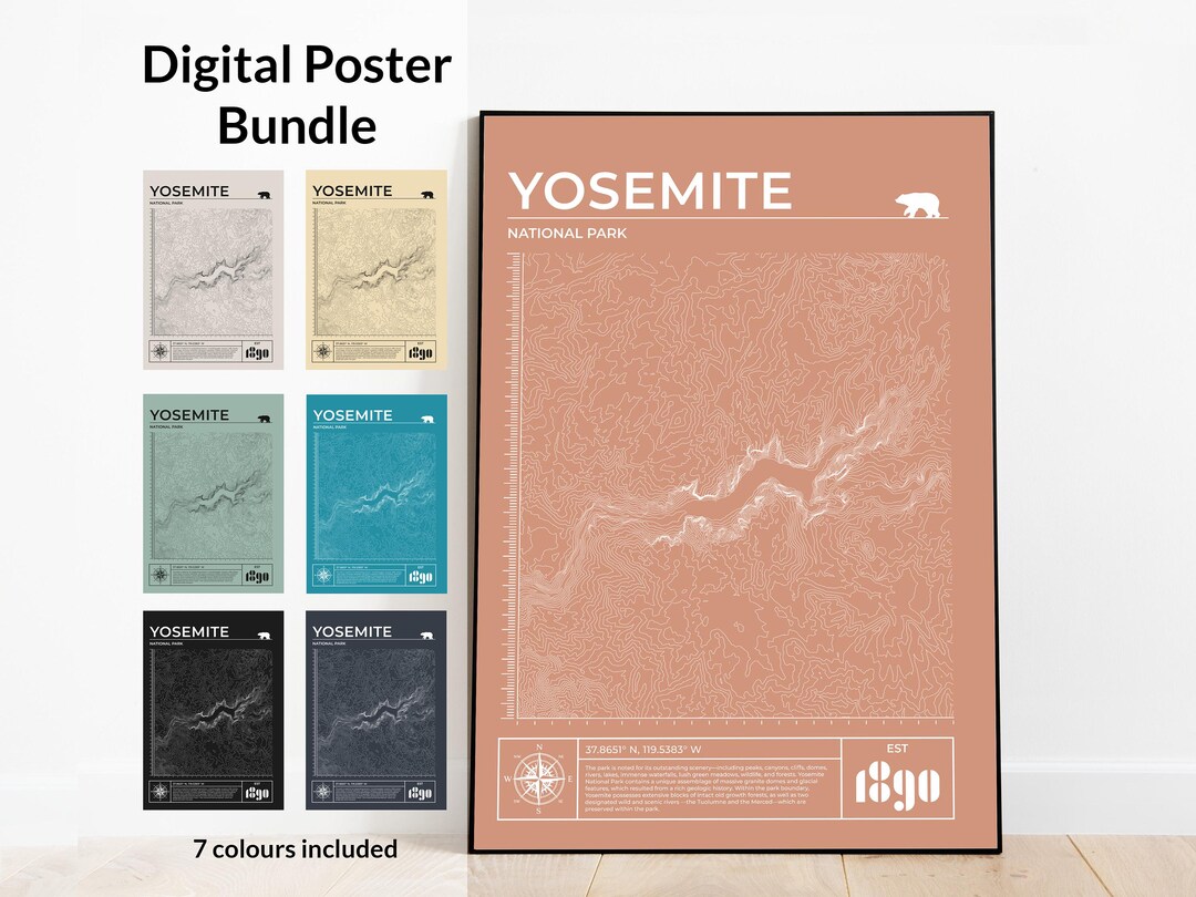 Topography Contour Line Map Poster Yosemite, Nature Print, Unique ...