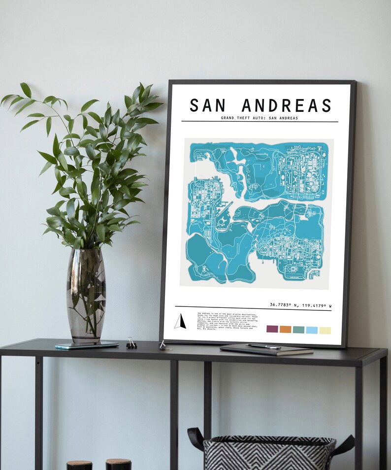 GTA V San Andreas Map Poster / Colourful Gaming Decor / Unique Gamer ...