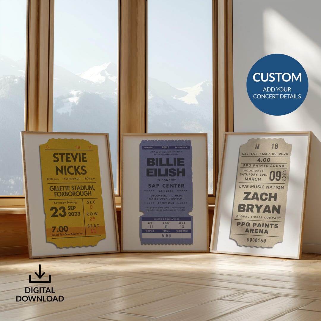 Digital Custom Concert Ticket Poster, Set of 3 Personalized Retro ...