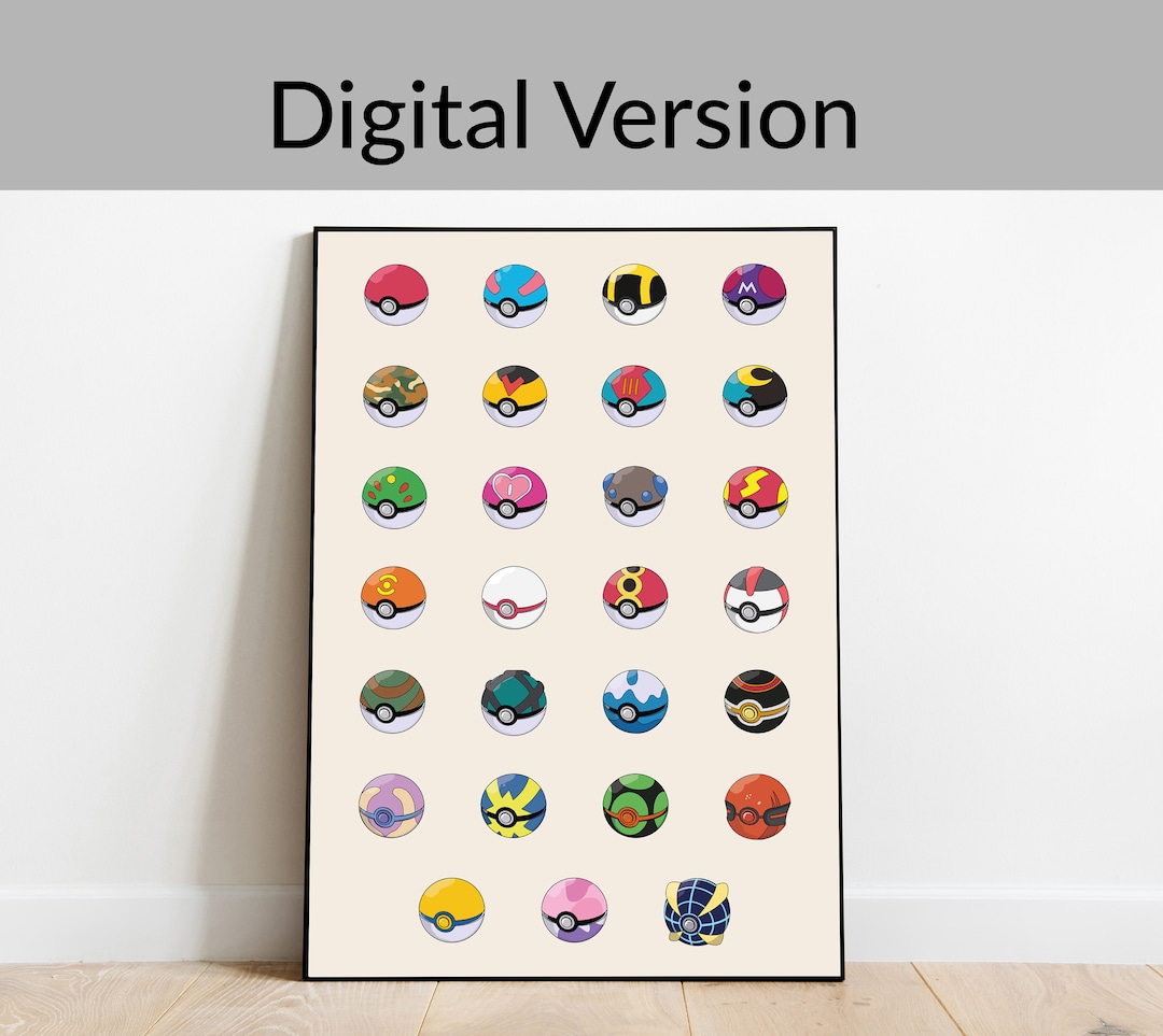 Digital Pokemon Pokeball Poster, Kids Classroom Print, Wall Art Anime ...