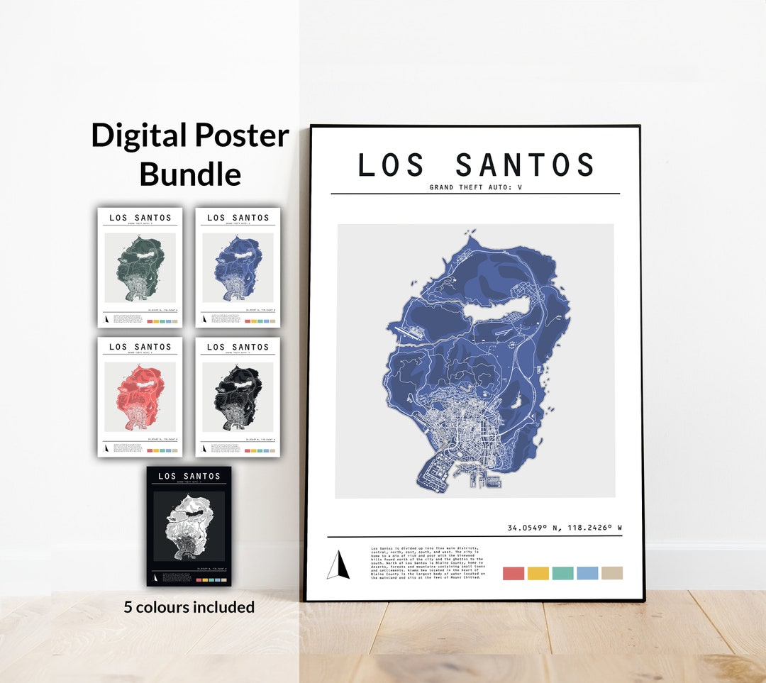 Digital GTA V Los Santos Map Poster, Grand Theft Auto Art Decor, Video ...