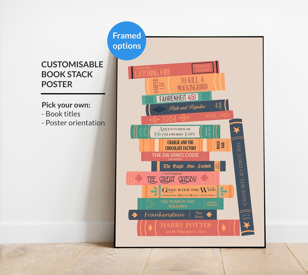 Book Stack Poster, Personalized Custom Spine Print, Literary Lover Gift ...
