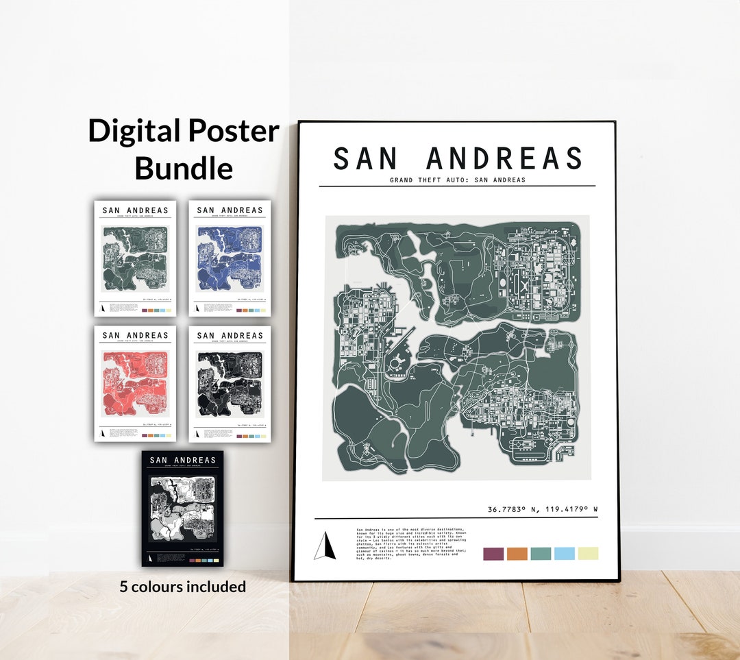 Digital GTA V San Andreas Map Poster, Grand Theft Auto Art Decor, Video ...