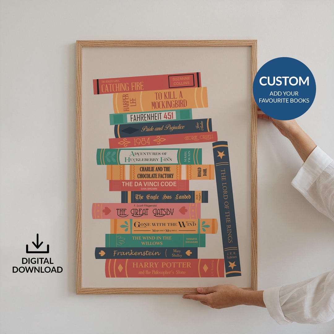Digital Book Stack Poster, Personalized Custom Spine Print, Literary ...
