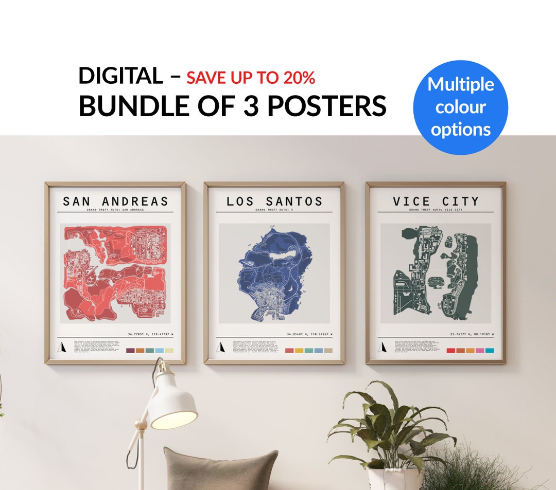 Digital GTA Map Poster Bundle, Grand Theft Auto Art Decor, Video Gaming ...