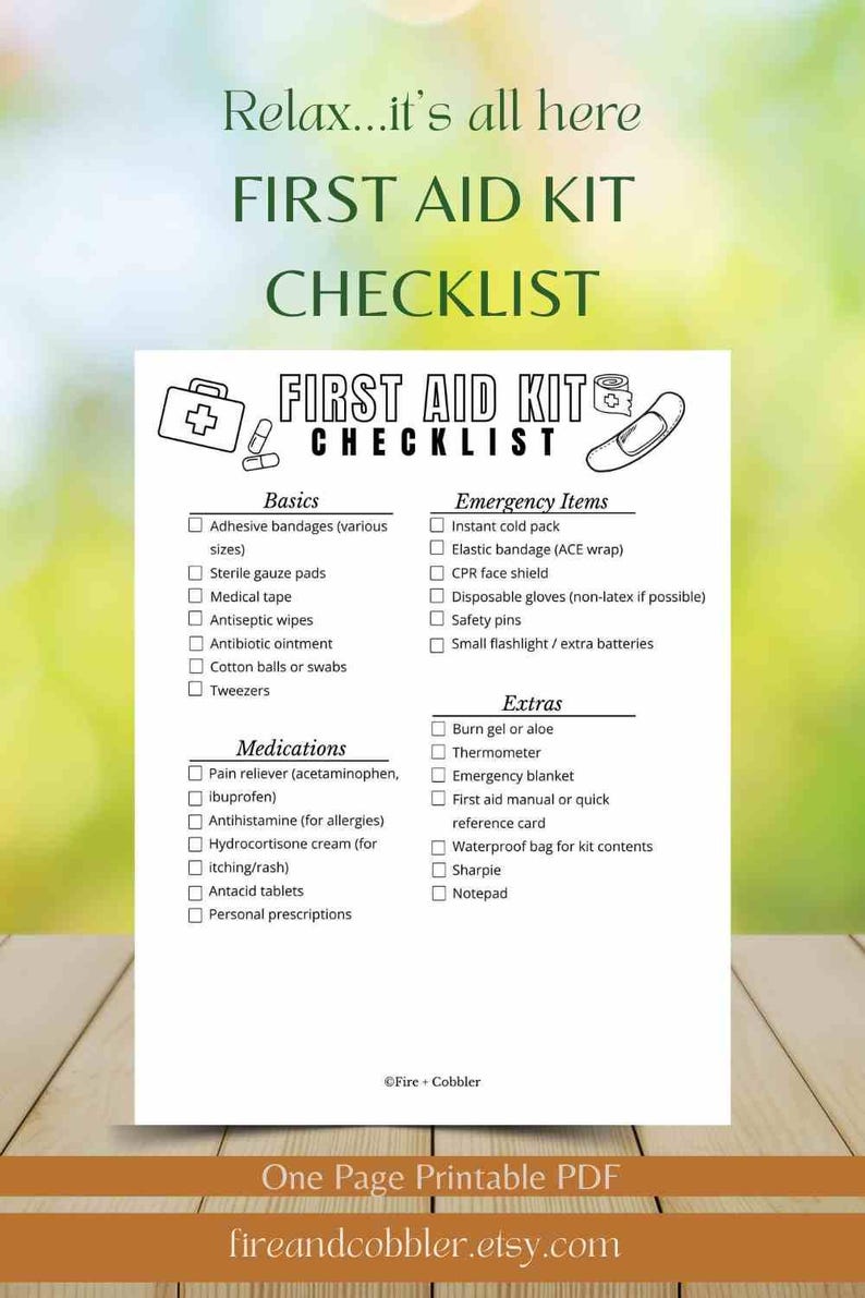 First Aid Kit Checklist Printable PDF for Camping, Outdoor Survival ...