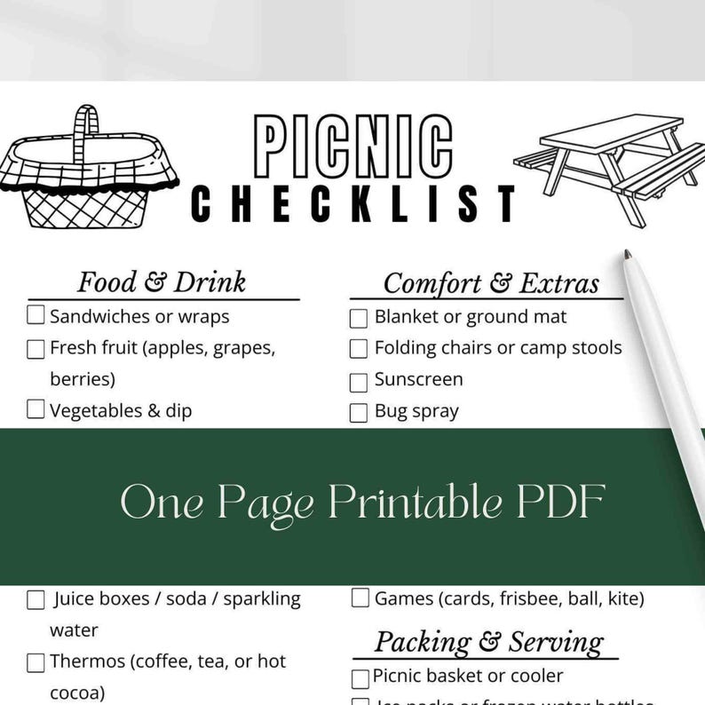 Picnic Checklist Printable | One Page Black & White PDF | Outdoor Day ...