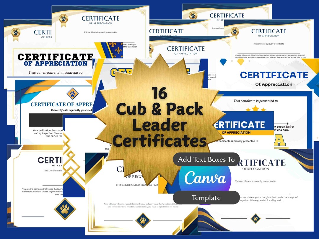 Cub Pack Den Scout Leader Certificate Template Blue and Gold Banquet ...