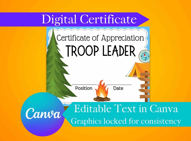 Editable Camp Troop Leader Award Certificate, Scoutmaster Recognition ...