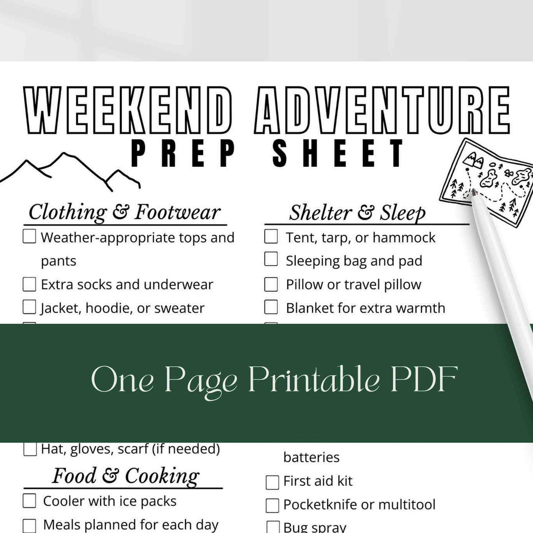 Weekend Adventure Prep Sheet Printable PDF One Page Black & White ...