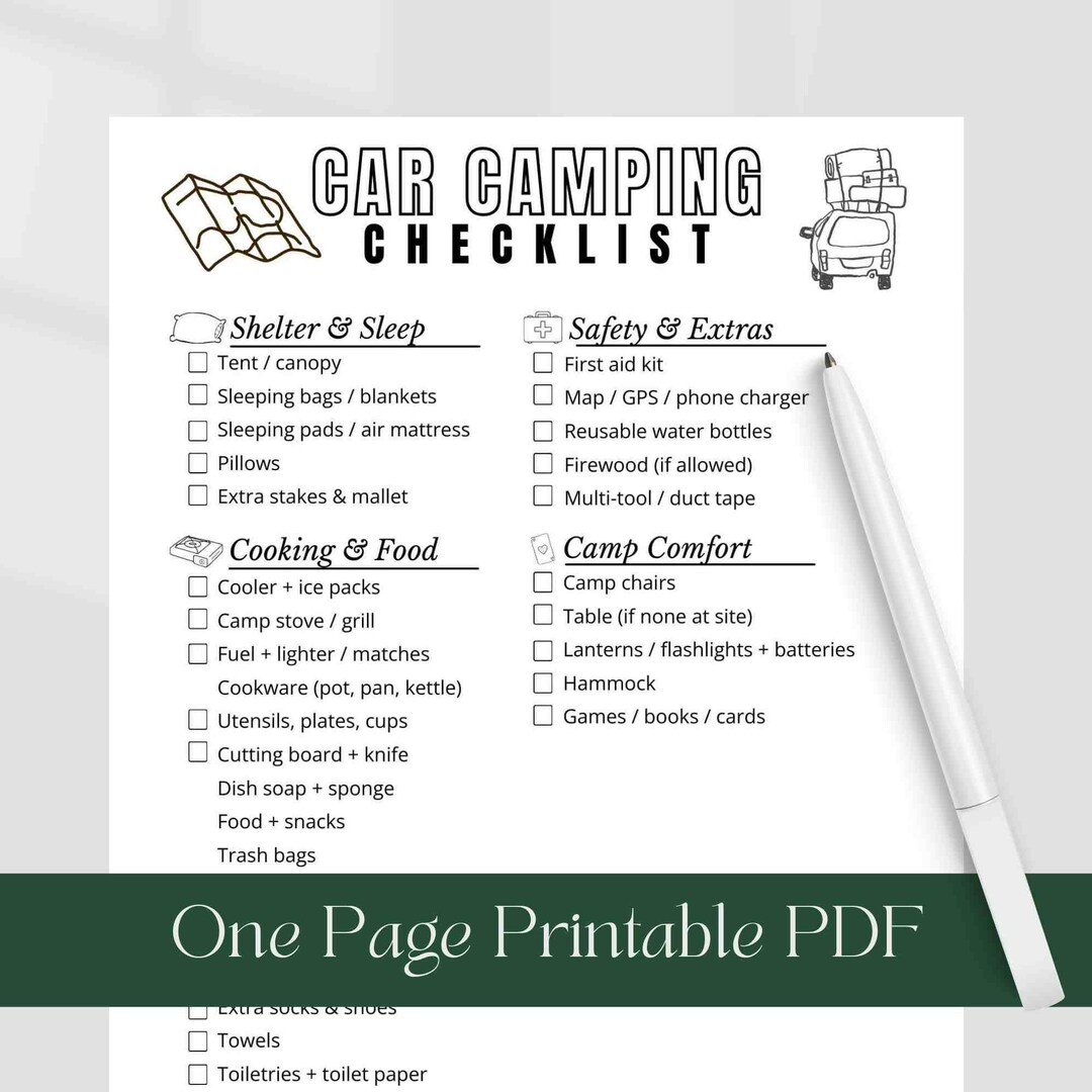 Car Camping Checklist Printable PDF | One Page Camping Gear List for ...