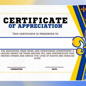 Cubmaster Den Leader Certificate: Blue and Gold Scout Award (PDF ...
