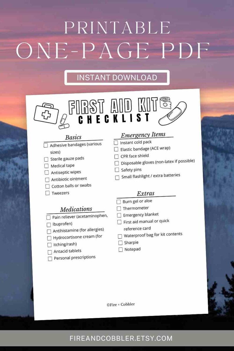 First Aid Kit Checklist Printable PDF for Camping, Outdoor Survival ...