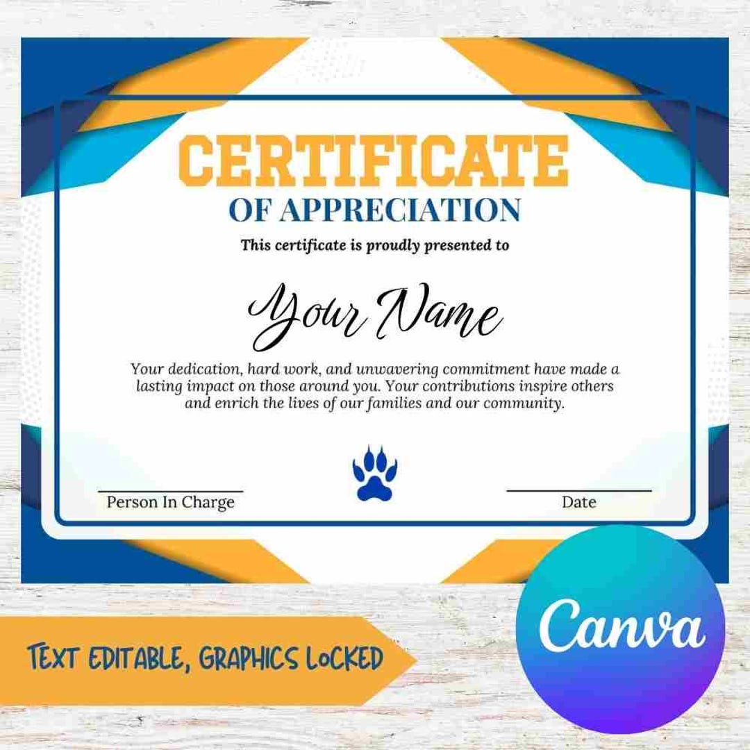 Blue Yellow Appreciation Certificate Printable | Volunteer, Teacher ...