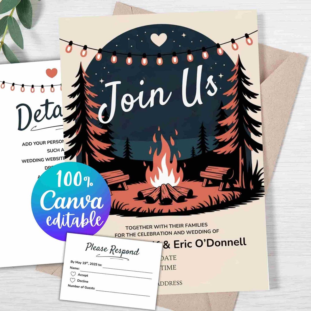 Campfire Wedding Invitation Bundle | Rustic Outdoor Wedding Invite Set ...